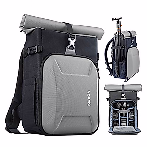 TARION XH Camera Bag Hard Shell Camera Backpack Hardcase Camera Bag Roll Top DSLR Backpack Bag with 15" Laptop Compartment Waterproof Raincover for Cameras Lens Tripod Outdoor Men Women Color Silver