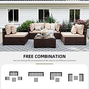UPHA 5 Pieces Patio Furniture Sets Outdoor Sectional Sofa Wicker Conversation Couch for Decks, Backyards, Gardens, Brown Rattan, Beige Cushion