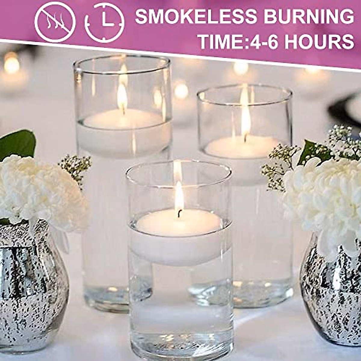 Floating Candles 2” 6 Hour White Unscented Dripless Wax Discs, Floating Candles for centerpieces, Cylinder Vases, Wedding, Party, Pool, Holiday
