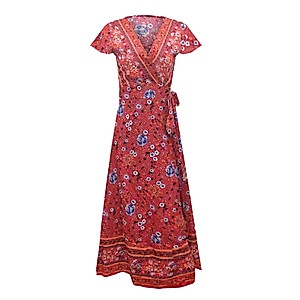 Casual Dresses for Women Midi Length Ladies Summer Casual V Neck Floral Print High Waist Belt Short Sleeve Hem Slit Wrap