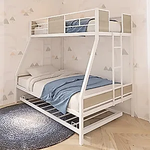 Twin Over Full Bunk Bed Frame with Trundle, Metal Bunkbed with Sturdy Guard Rail and Ladder for Girls/Boys/ Adults, No Box Spring Needed, Noise Free for Dorm, Bedroom, Guest Room (White)