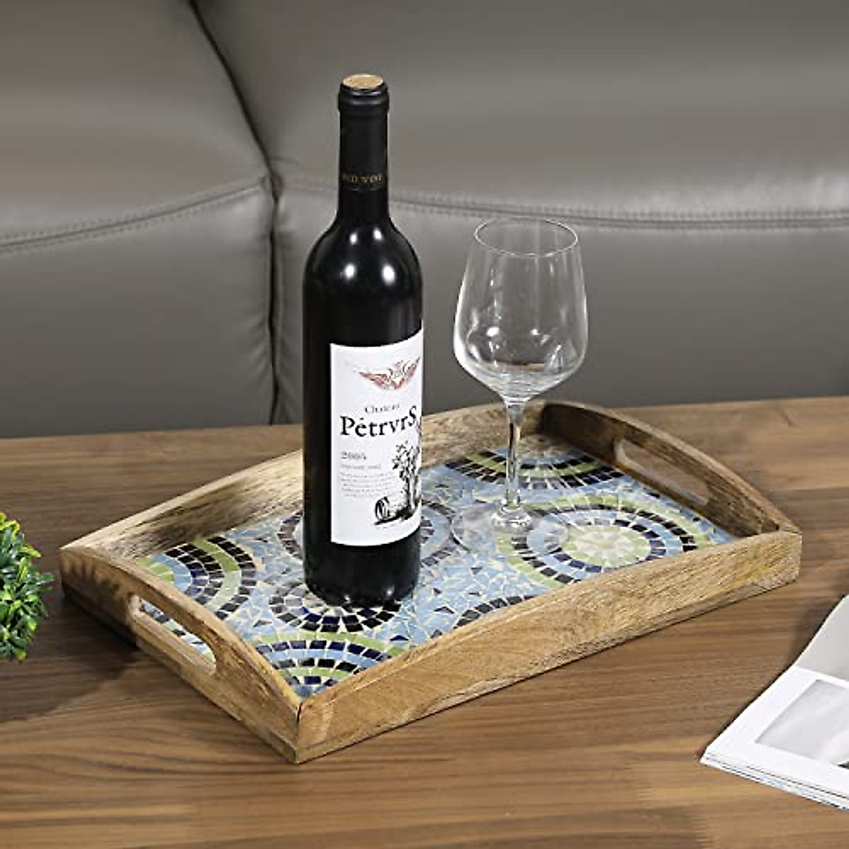 MyGift Mango Wood Serving Tray with Intricate Glass Mosaic Design, Rectangular Decorative Tray with Cutout Handles - Handcrafted in India