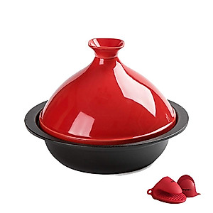 ECBCUEG Home Lead Free Cooking Tagine, 24Cm Enameled Cast Iron Tangine with Ceramic Lid and Cast Iron Base Compatible with All Stoves (1.5L),Red (Red)