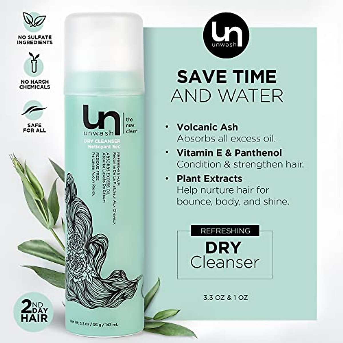 unwash Dry Cleanser - Dry Shampoo for All Hair Types, Refresh Hair & Absorb Excess Oil, Lightweight & Residue-Free, Color-Safe, 3.3 oz
