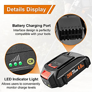 Ahomtikk 2 Packs 20V 4.0Ah Lithium Battery Replacement for Worx 20 Volt Batteries WA3525 WA3578 WA3575 WA3520 Compatible with Worx 20V Cordless Power Tools Battery Charger