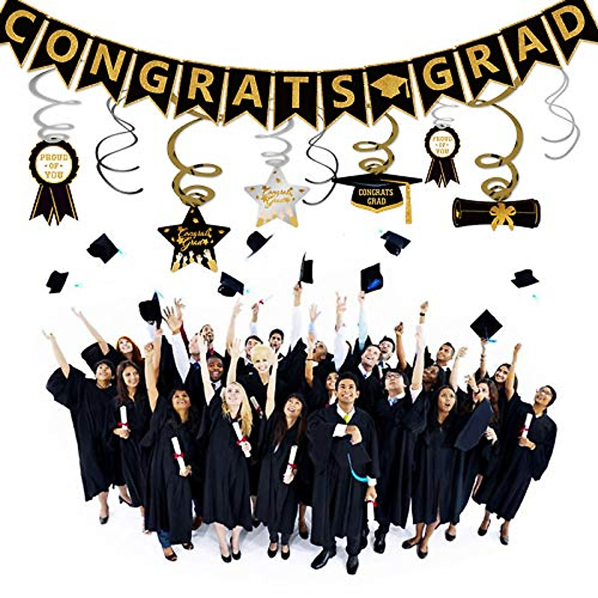 Graduation Hanging Swirl Banner Decorations, Black Gold Silver Star Banner Garland party Supplies for Class of 2023