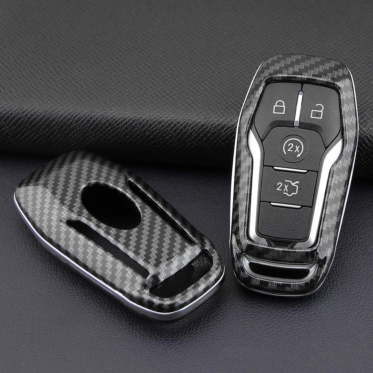 JEYODA ABS Smart keyless Entry Remote Key Fob Carbon Fibre Car Key Shell For Ford F150 Mondeo Mustang Edge Fusion Lincoln MKC MKZ MKX(Shell With Keychian)