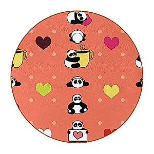 Coasters for Drinks Funny Sleepy Panda Coffee and Hearts Pattern Leather Round Mug Cup Pad Mat for Protect Furniture, Heat Resistant, Kitchen Bar Decor, Set of 6