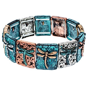 PammyJ Tri-Tone Dragonfly Stretch Bracelet with Patina Finish