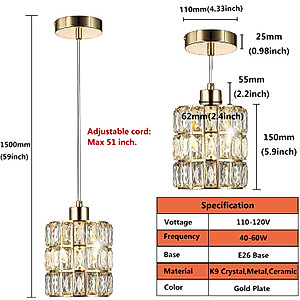 Popity home Gold Crystal Pendant Light, Pendant Lights Kitchen Island 3 Pack, Adjustable Modern Pendant Light, Hanging Light Fixtures for Dining Room Entryway Living Room Bar