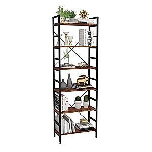 MIOCASA 6 Tier Bookshelf, Adjustable Industrial Bookshelves Organizer, Rustic Wood and Metal Standing Shelving Unit Storage, Tall Display for Living Room, Bedroom and Office
