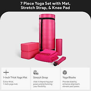 BalanceFrom 7-Piece Home Gym Yoga Set with 1-Inch Thick Yoga Mat, 2 Yoga Blocks, Mat Towel, Hand Towel, Stretch Strap & Knee Pad, Pink