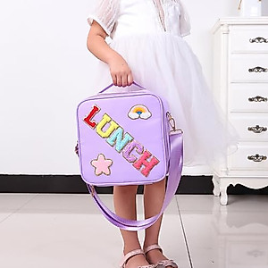 HASOIY Personalized Colorful Letter Patch Insulated Lunch Bag Custom Glitter Varsity Letters Reusable Lunchbox For Kids (purple)