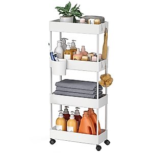 Pipishell Slim Storage Cart with Wheels, 4 Tier Bathroom Storage Organizer Rolling Utility Cart for Bathroom Kitchen Laundry Room Office Narrow Place (White)