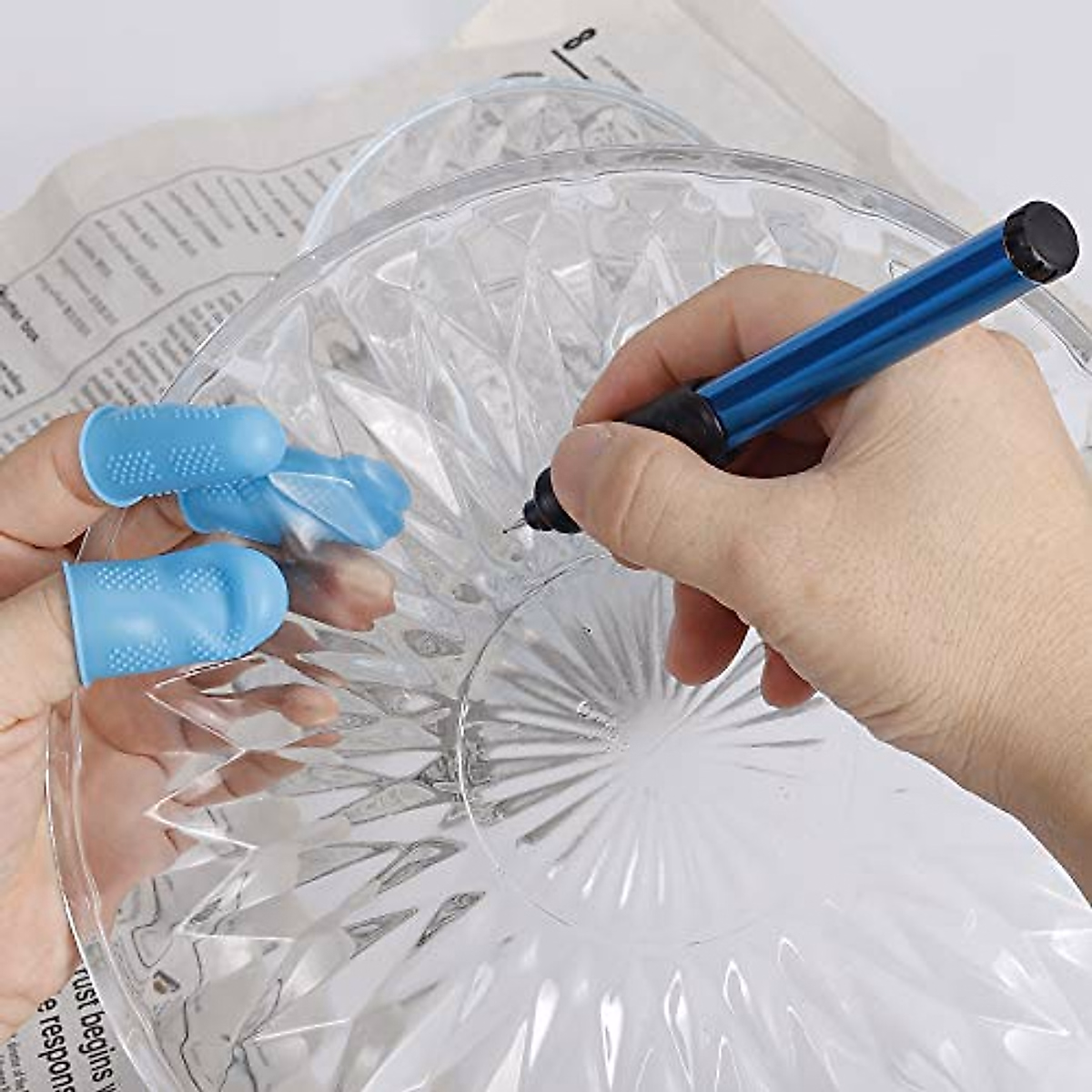 Electric Engraving Engraver Pen DIY-Tool - Carve Precision Pens Replaceable Diamond Tip Bit Blue Silicone Finger Protectors