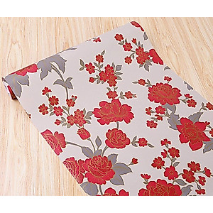 Red Floral Decorative Adhesive Paper Shelf Liner Peel and Stick Wallpaper for Kitchen Cabinets Drawers Countertops 17.7inch by 100inch (Red)