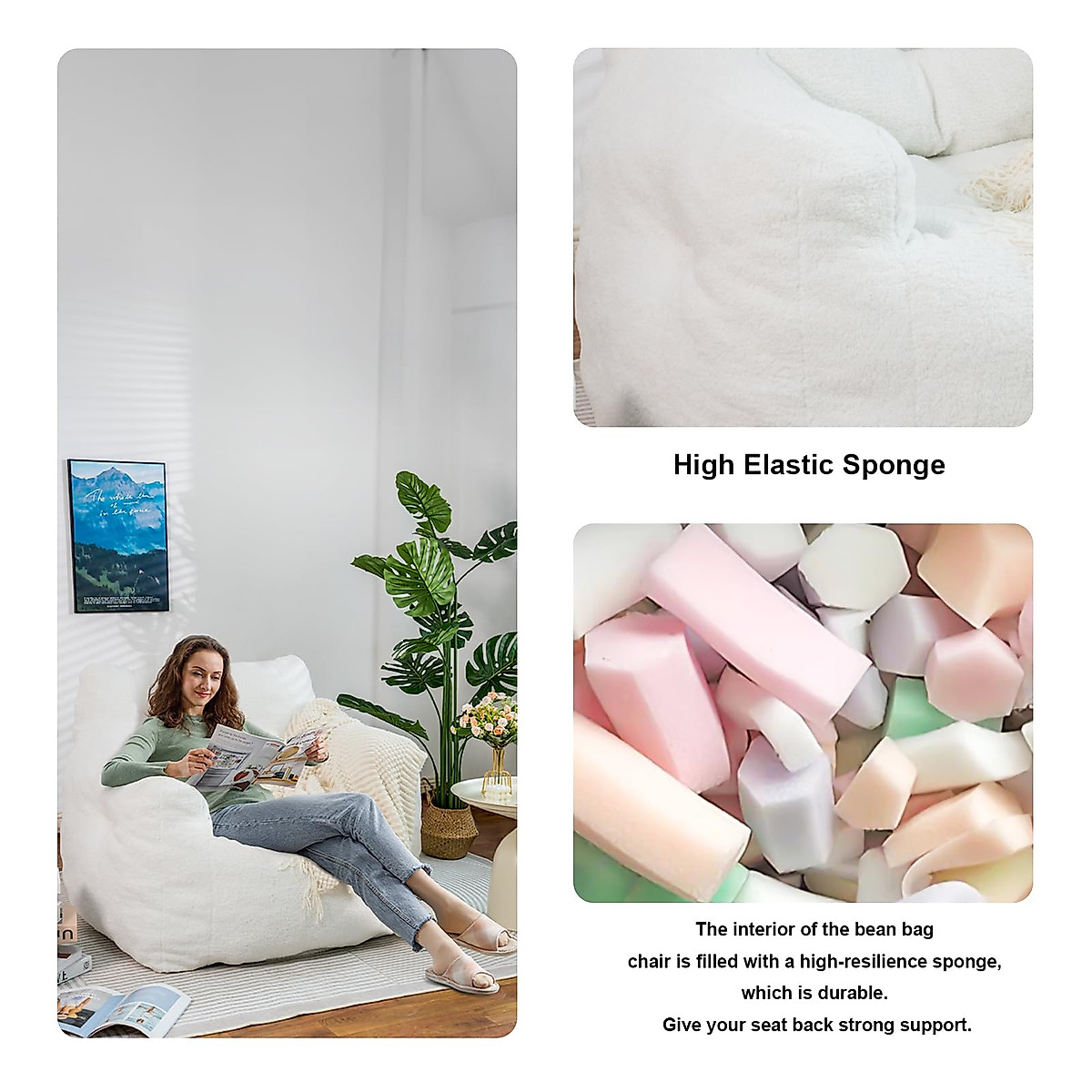 Recaceik Giant Beanbag Chair, Huge Fluffy Faux Fur Bean Bag Lazy Sofa with Filler, Ultra Soft Bean Bag Chair for Adults, Comfy Cozy Beanbag Chair with Memory Foam for Living Room, Dorm(White)