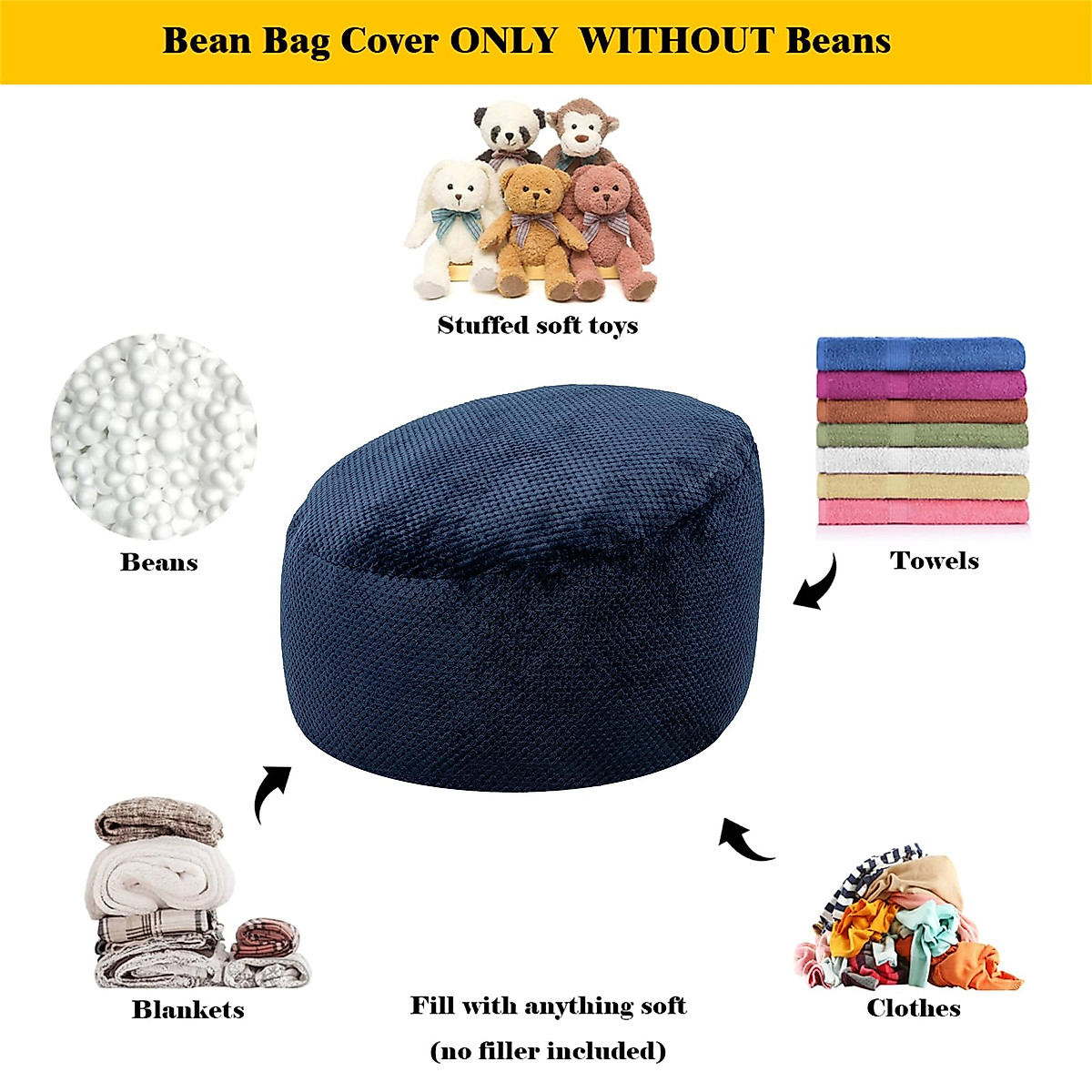 Bean Bag Chairs Cover (No Filler) Soft Washable Plush Fiber Adult Beanbag Chair Fuzzy Fur Cover Without Filling (Navy Blue Bean Bag Cover)