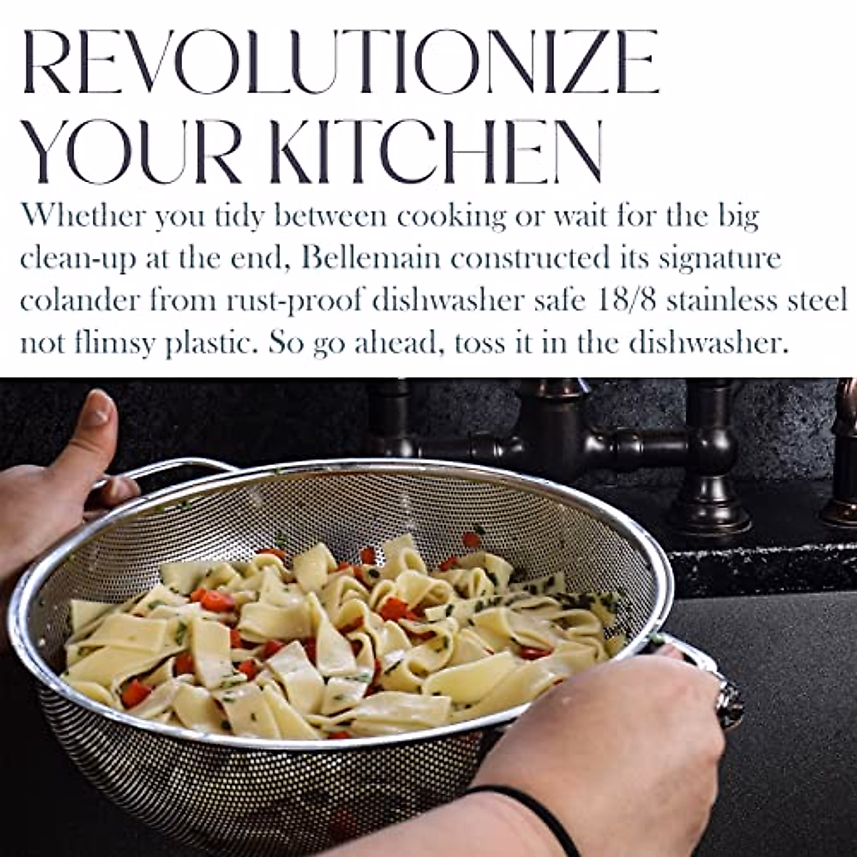 Bellemain 5 Qt Metal Colander with Handle | Pasta, Spaghetti, Berry, Fruit, Vegetable, Kitchen Food Strainer Basket | 18/8 Stainless Steel Colander Bowl | Pot Drainer for Cooking, Sifter Strainer