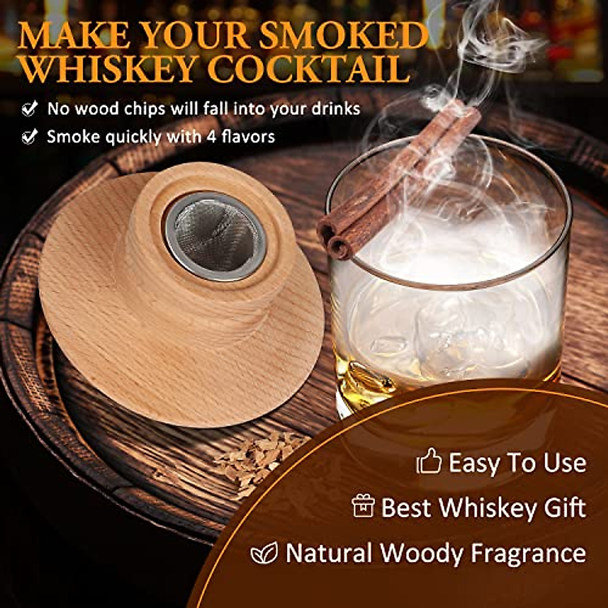 Cocktail Smoker Kit, Whiskey Smoker Kit with Torch, Old Fashioned Cocktail Kit, Bourbon Smoker Kit with 4 Flavors of Chimney Wood Chips, Bartender Gift for Friends, Husband, Dad（No Butane）