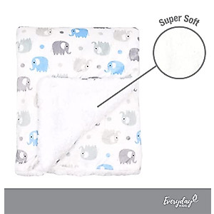 EVERYDAY KIDS Large Ultra Soft Gray and Blue Elephant Minky Baby Blanket for Boys Mink and Sherpa Toddler and Baby Boy Blanket Measures 30 x 40”; Trendy Animal Elephant Baby Nursery Decor