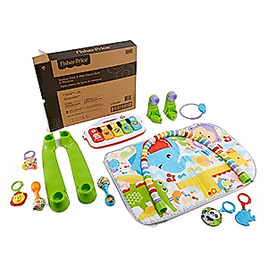Fisher-Price Baby Playmat Deluxe Kick & Play Piano Gym & Maracas With Smart Stages Learning Content, 5 Linkable Toys & 2 Soft Rattles [Amazon Exclusive]