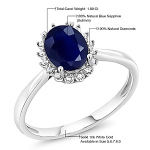 Gem Stone King 10K White Gold Blue Sapphire and Diamond Halo Engagement Ring For Women (1.85 Cttw, Oval 8X6MM, Size 7)