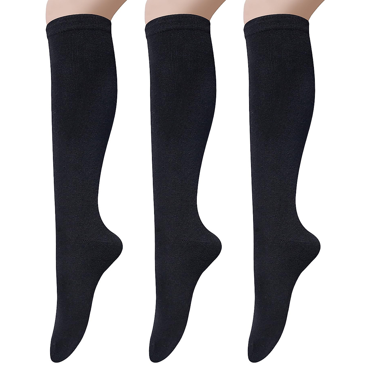 3 Pairs Womens Cotton Knee High Socks, Causal Soild Stripe Tube Knee Socks, Black