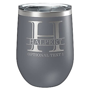 Personalized 12oz (17 Colors) Powder Coated Stainless Steel Stemless Wine Tumbler with Lid, Custom Etched, Customized Gift for Women Her, Wine Lover, Halpert Monogram Initial Name (Gray)