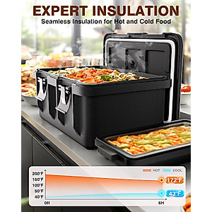 PYY Insulated Food Pan Carrier - 36QT Hot Box Food Warmer Box Stackable Top Load LLDPE Commercial Food Warmers with Three 1/3 Size PC Food Pans 4 Buckles for Restaurant Canteen Buffet Party Black