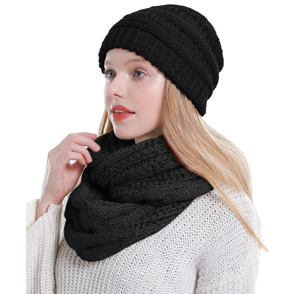 Double Couple Womens Scarf Beanie Hat Set Thick Winter Infinity Scarf Knit Scarfs for Women