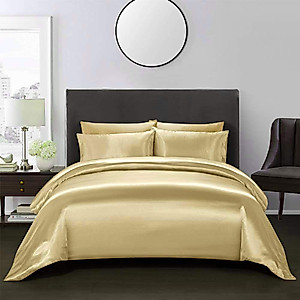 Opulence Bedding Silk Satin Duvet Cover Set Gold California King 3 Piece (Duvet Cover + 2 Pillowcases) Comforter Cover California King Size Zipper Closure