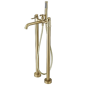 BWE Floor Mount Freestanding Bathtub Faucets Brushed Gold Solid Brass Single Handle Modern Bathroom Tub Filler High Flow Rate with Handheld Shower Mixer Tap