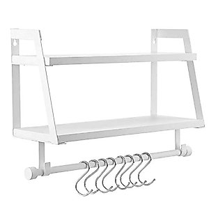 Halcent Wall Shelves Wood Floating Shelves, 2 Tier Storage Shelves Bathroom Shelf Kitchen Spice Rack with 8 Hooks for Bathroom Kitchen Utensils
