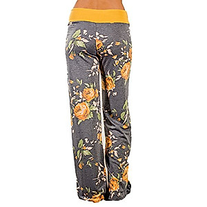 iChunhua Women's Comfy Stretch Floral Print Drawstring Palazzo Wide Leg Lounge Pants(S,Yellow)