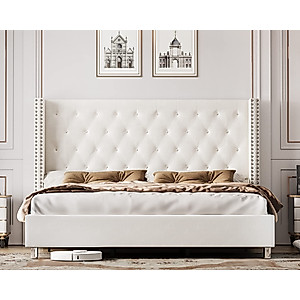 PaPaJet Bed Frame Queen Size Upholstered Bed Velvet Low Profile Platform Bed with Raised Wingback Headboard/No Box Spring Needed/Easy Assembly/Cream