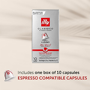 illy Lungo Classico Coffee, Classic Roast (Medium Roast) (100-Count single serve capsules, compatible with Nespresso Original Line System coffee machines)