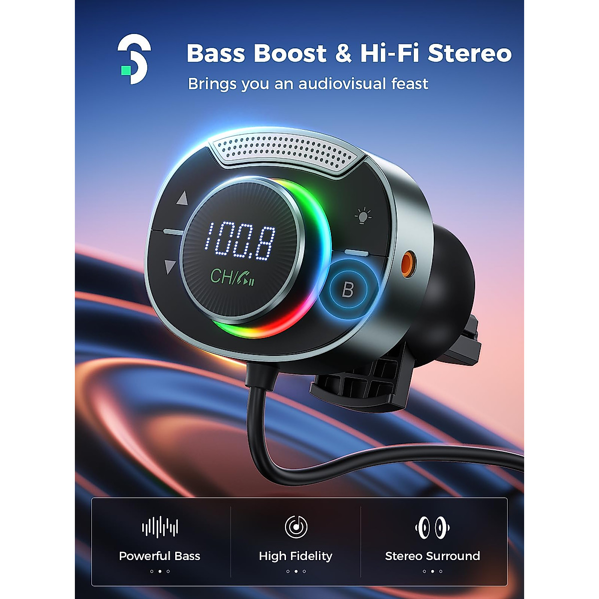 Bluetooth 5.3 FM Transmitter for Car - SOOMFON Bluetooth Car Adapter with Big Mic Bass Stereo Hi-Fi Sound, PD30W QC18W FM Bluetooth Transmitter Car Charger Support Hands-Free Calls, Aux Out, TF Card