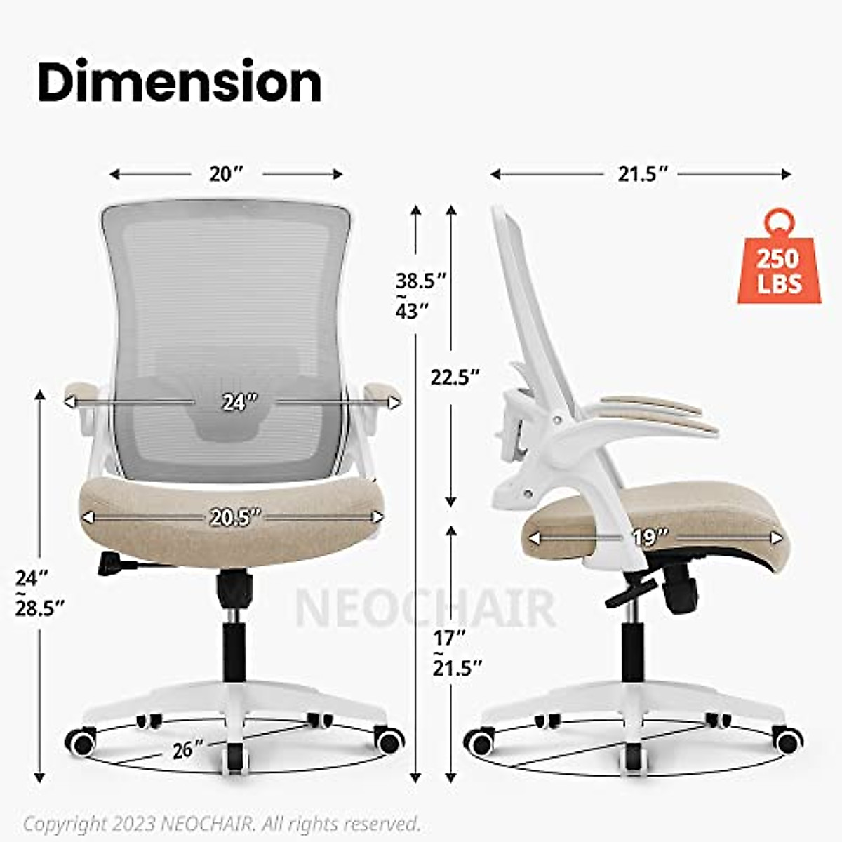 NEO CHAIR High Back Mesh Chair Adjustable Height and Ergonomic Design Home Office Computer Desk Chair Executive Lumbar Support Padded Flip-up Armrest Swivel Chair (Beige)