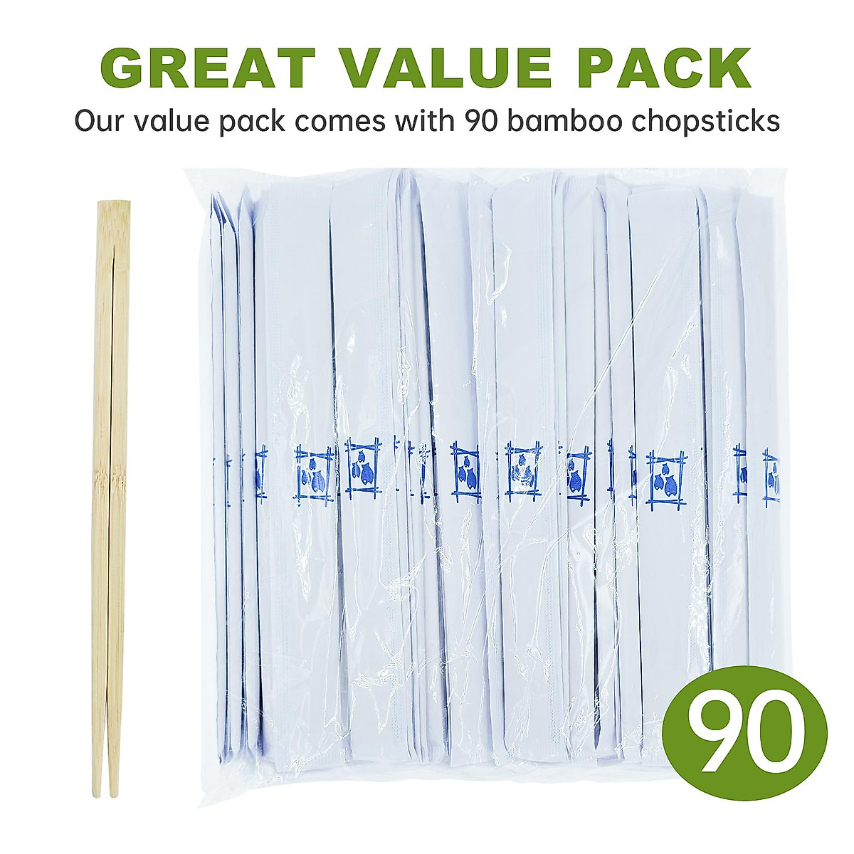 SSHAN Bamboo Chopsticks Disposable - Individually Wrapped Disposable Chop Sticks, Solid No Splinter Japanese Chopsticks (90 pairs)