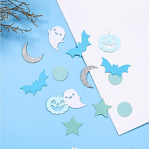 200PCS Boys Party Confetti Star Confetti for Table Blue Teal White Table Scatter Confetti with Ghost Moon Bat Pumpkin Star Circle Dots for Kids’ Halloween Theme Birthday Party Baby Shower