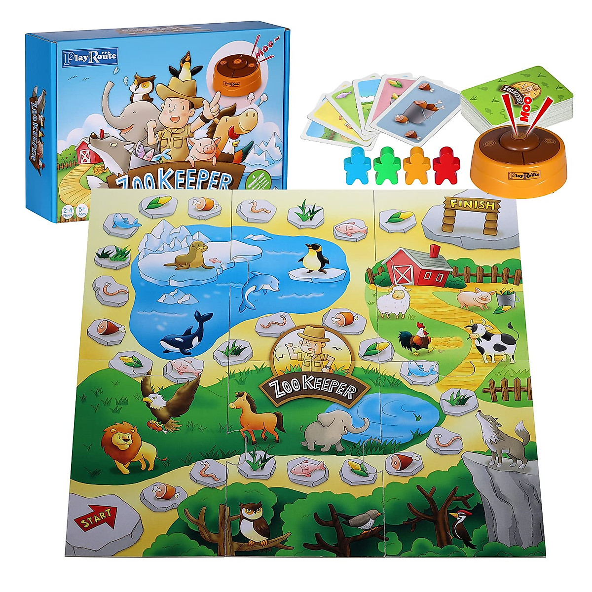 PlayRoute Zoo Keeper Game | Animal Games with Realistic Animal Sounds | 4 Level Board & Card Games | Educational Learning Activity for Kids Ages 5-12 Years and Up