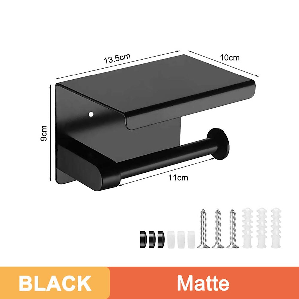 RUNAAJA Stainless Steel Toilet Paper Roll Toilet Paper Holder with Phone Shelf Adhesive Toilet Paper Holder with Shelf Stainless Steel Bathroom Tissue Roll Holder Tissue Roll Paper Dispenser (Black)