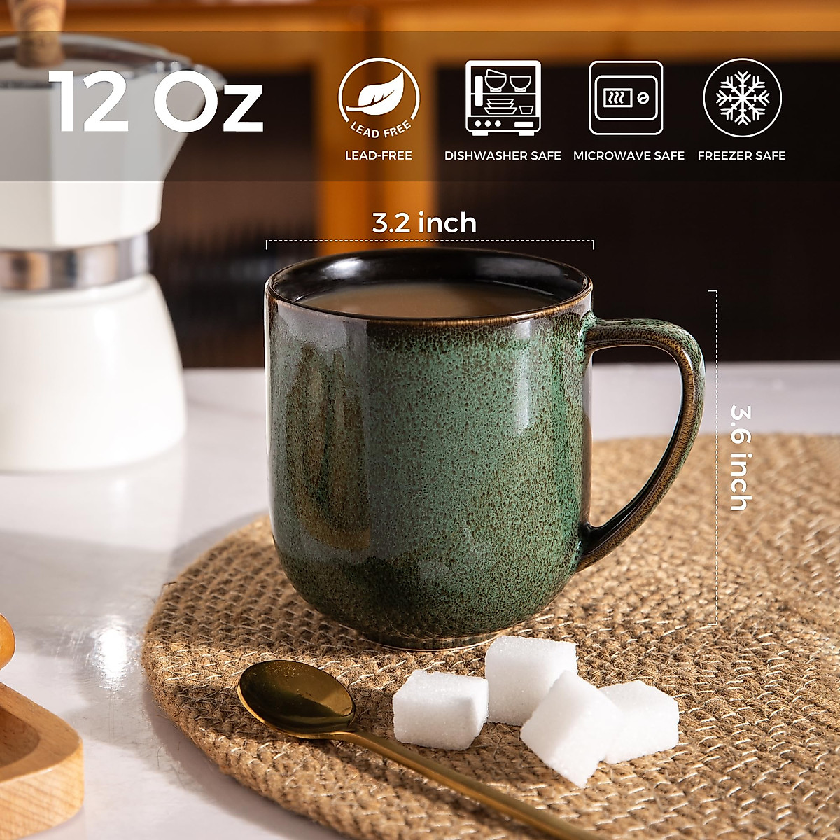 LERATIO 12OZ Ceramic Coffee Mugs Set of 6, Large Porcelain Coffee Cups With Large Handle For Latte,Cappuccino,Milk,Cocoa,|Dishwasher&Microwave Safe Mug Sets,Ideal for Man,Woman,Dad, Mom-Green