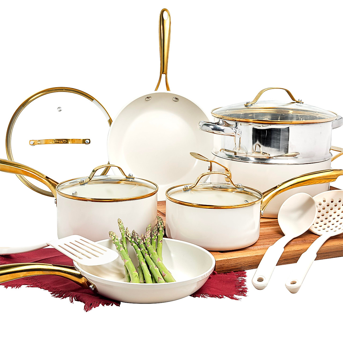 Gotham Steel 15 Pc Ceramic Pots and Pans Set Non Stick, Kitchen Cookware Sets, Pot and Pan Set, Ceramic Cookware Set, Non Toxic Cookware Set, Non Stick Pots and Pan Set Dishwasher Safe, Cream White