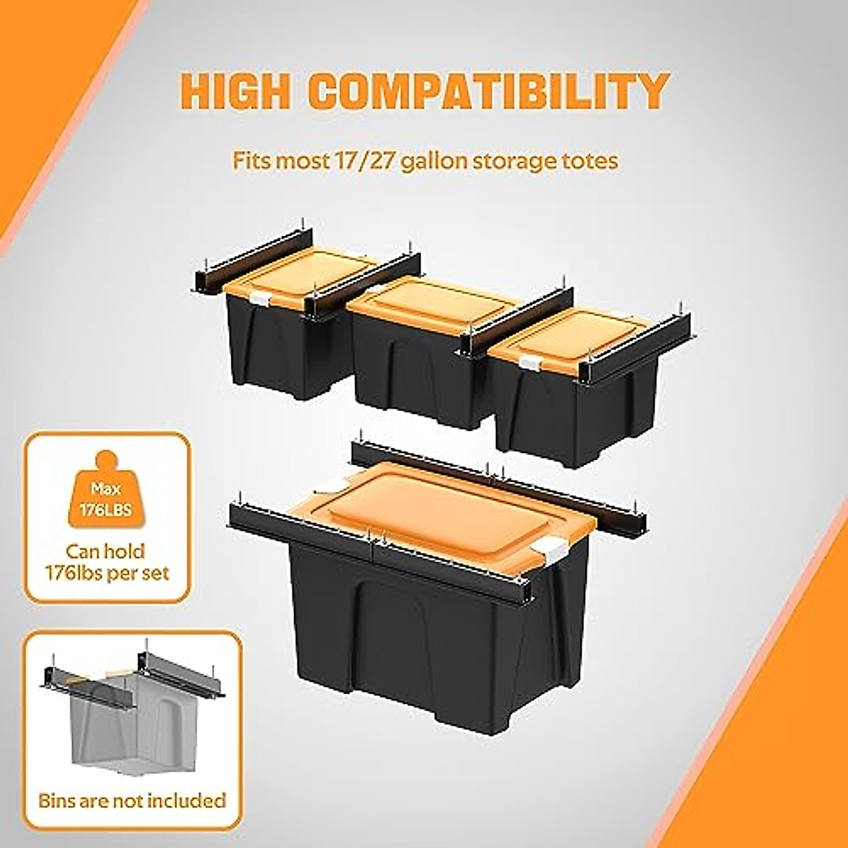 Ultrawall Overhead Garage Storage Racks for Bins, Ceiling Storage Rack Garage Hanging Organizer for Totes with Adjustable Width, Heavy Duty Ceiling Container Bin Rack (4 Pack, 3 Bins)