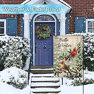 HOSCAPE Winter Cardinal Bird Garden Flag12x18 Inch, Vertical Double Sided Hello Winter Garden Flag, Red Bird Holly Berry Branches Snow Holiday Outside Decorations Burlap Yard Flag Banners