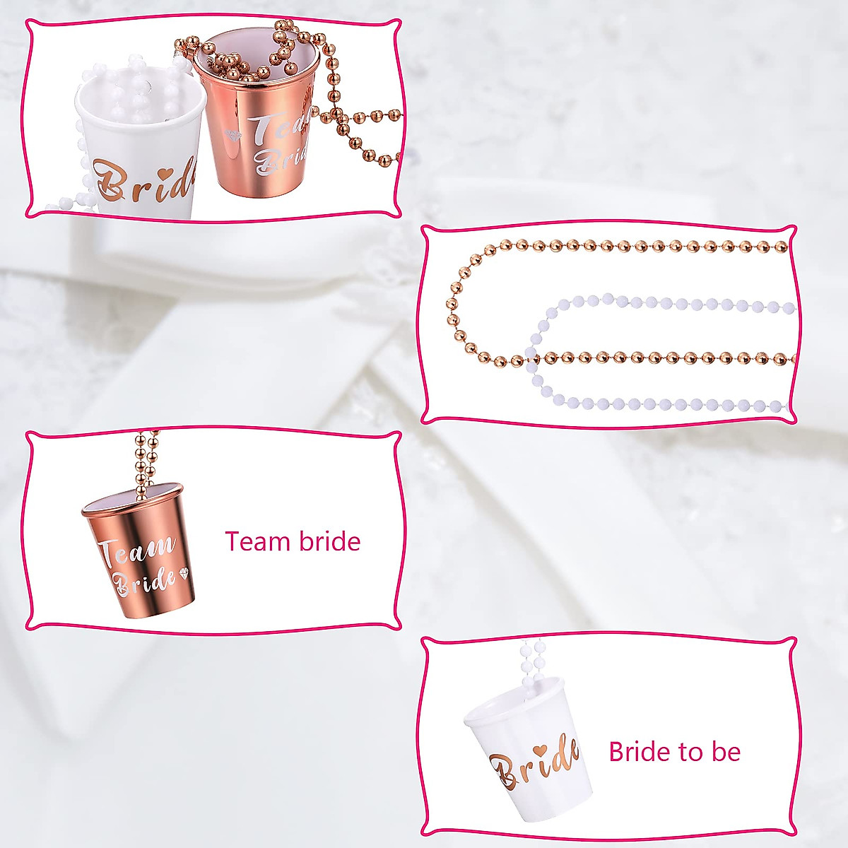 12 Packs Team Bride and Bride Shot Necklace Glass Bachelorette Party Decorations Bridesmaid Gifts Gold Foil Bachelorette Party Necklace Shot Glasses with Beads Chain for Wedding Party (Rose Gold)