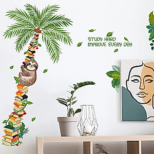 Book Tree Plants Sloth Wall Sticker, Cute Sloth Climbing on The Tree Wall Decal, Removable DIY Vinyl Mural Art Wallpaper Décor for Reading Room Kids Bedroom Nursery Classroom