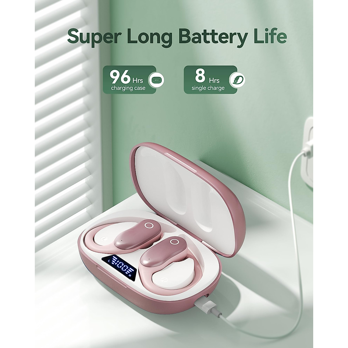 GNMN Bluetooth Headphones Wireless Earbuds 96hrs Playback Ear Buds IPX7 Waterproof Stereo Bass Over-Ear Earphones with Earhooks Microphone LED Battery Display for Sports/Workout/Gym/Running Rose Gold